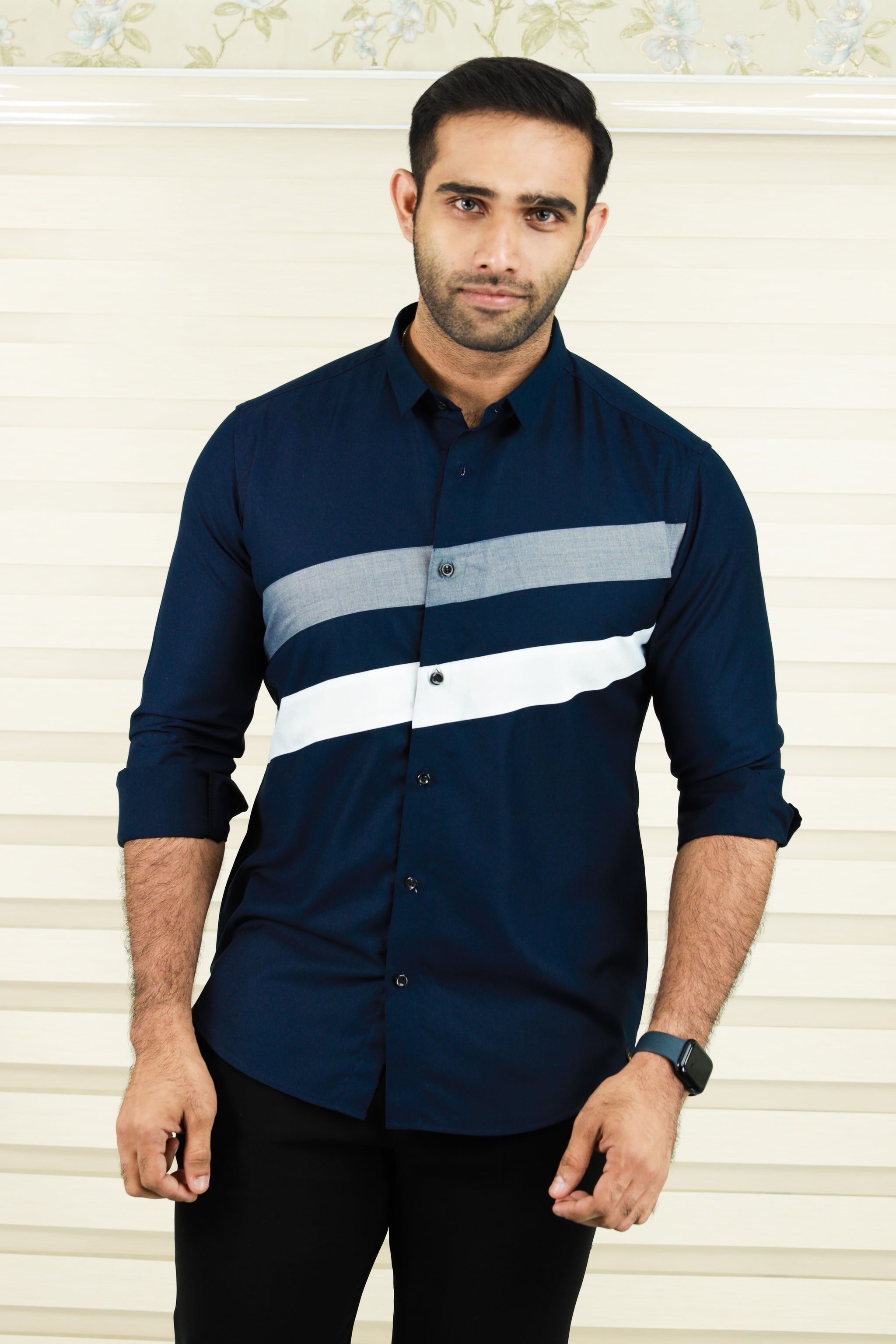 Oxford Blue Cutaway Collar Shirt with Diagonal Pattern Cut (Only Shirt